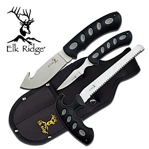 Elk Ridge - Outdoors 3-PC Hunting Knife Set - Satin Finish Stainless Steel Blades, Black Nylon Fiber Handles, Includes Combo Sheath - Hunting, Camping, Survival - ER-252