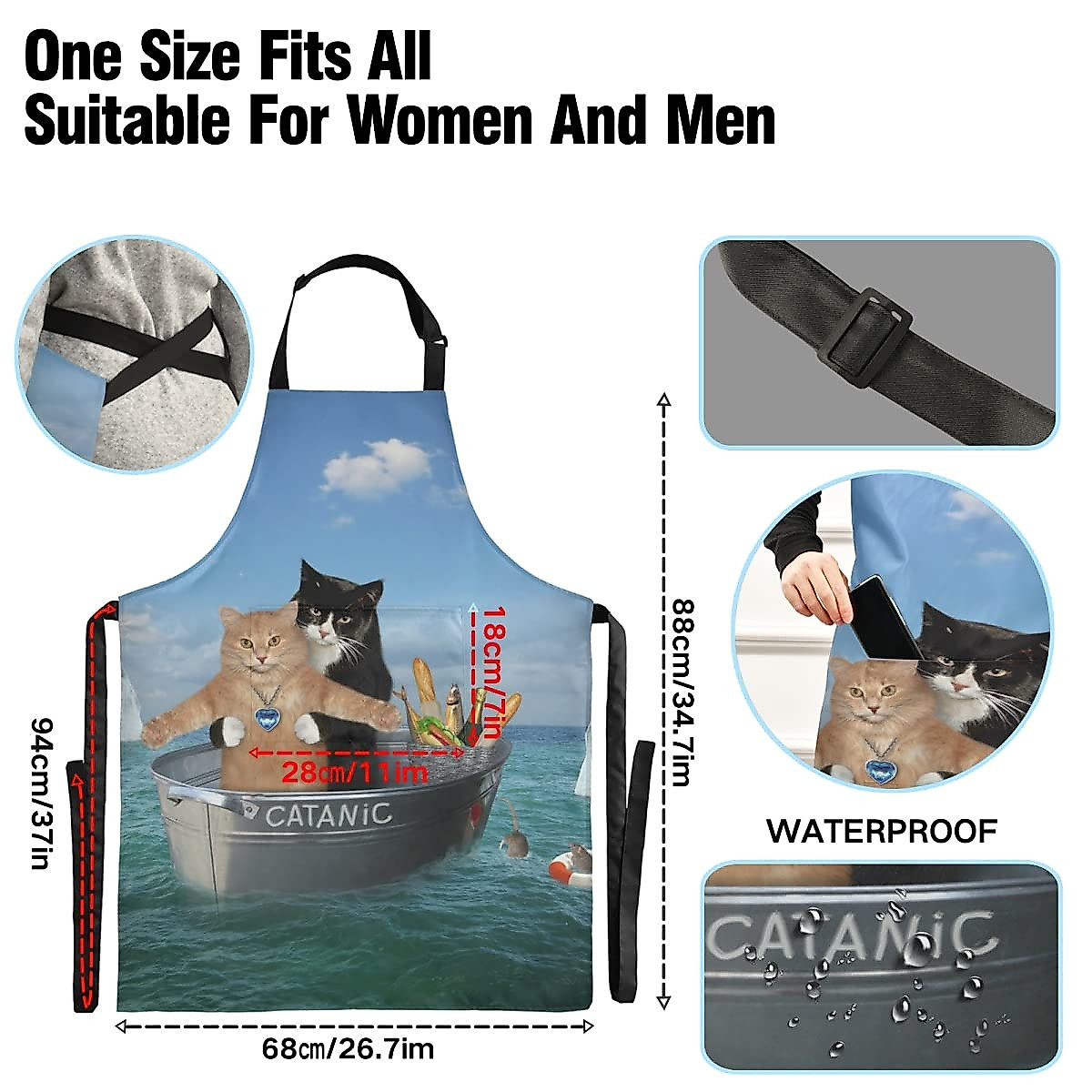 RunningBear Cat Titanic Bib Apron Waterproof Funny Apron for Restaurant, Salon, Cafe, Kitchen with Adjustable Straps Large Pocket for Women Men Chef