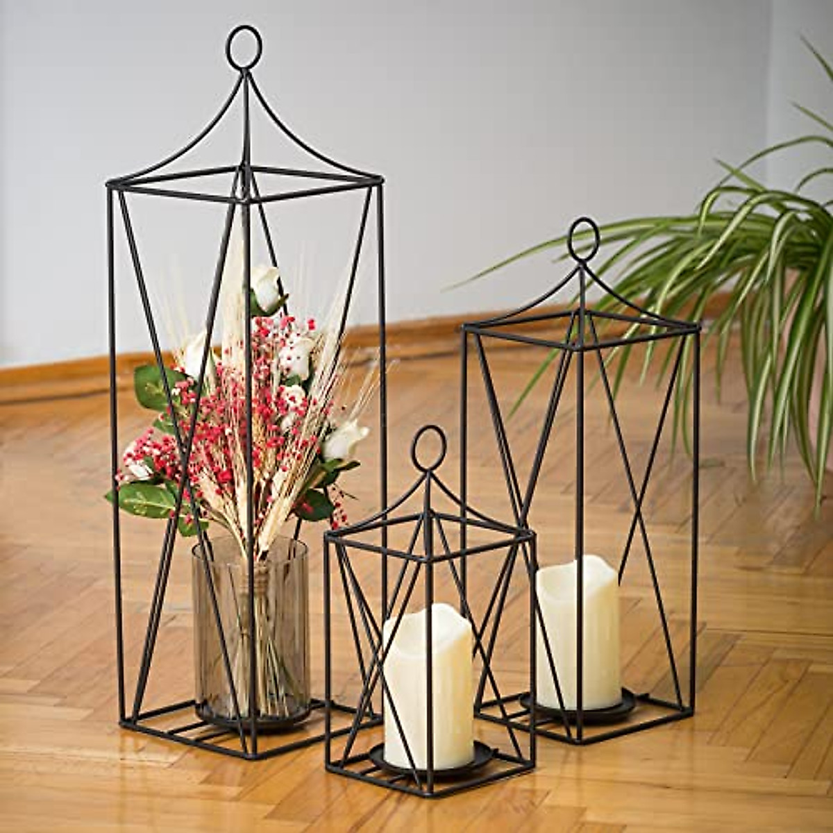 Set of 3 Tall Metal Lanterns 24’’ & 19’’ & 13’’ Elegant Decorative Lantern with Pillar Candle Holder, Garden Porch Night Indoor/Outdoor for Wedding Décor, Party, Christmas (Black)