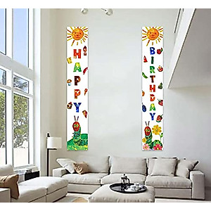 Cartoon Very Hungry Little Green Caterpillar Happy Birthday Banner Backdrop Insects Theme Decor Door Porch Decorations for Boys Girls 1st Birthday Party Baby Shower Supplies Favors Background Gift