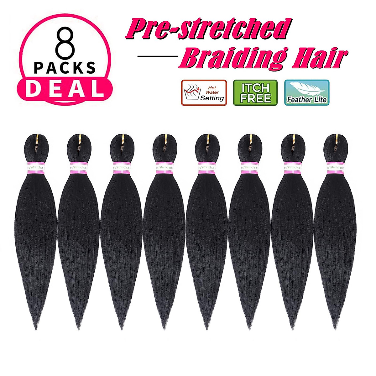 Pre-Stretched Braiding Hair Extensions Black-12 Inch 8 Packs Synthetic Braiding Hair Crochet Braids, Natural Easy Braid Crochet Hair, Hot Water Setting Professional Soft Yaki Straight Texture (#1B)