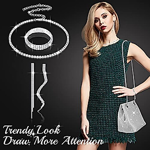 4 Pcs Rhinestone Purse Jewelry Set for Women Silver Wedding Bucket Bag Evening Purse Crossbody Shoulder Bucket Bags Crystal Choker Necklace and Earring Jewelry Set for Prom Party Wedding