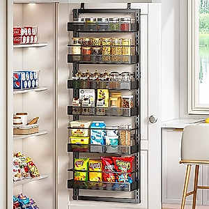 Spice Rack Over the Door Pantry Organizer - 6 Tier Metal Adjustable Hanging Spice Organization for Pantry, Space Saving Pantry Door Storage for Kitchen, Black