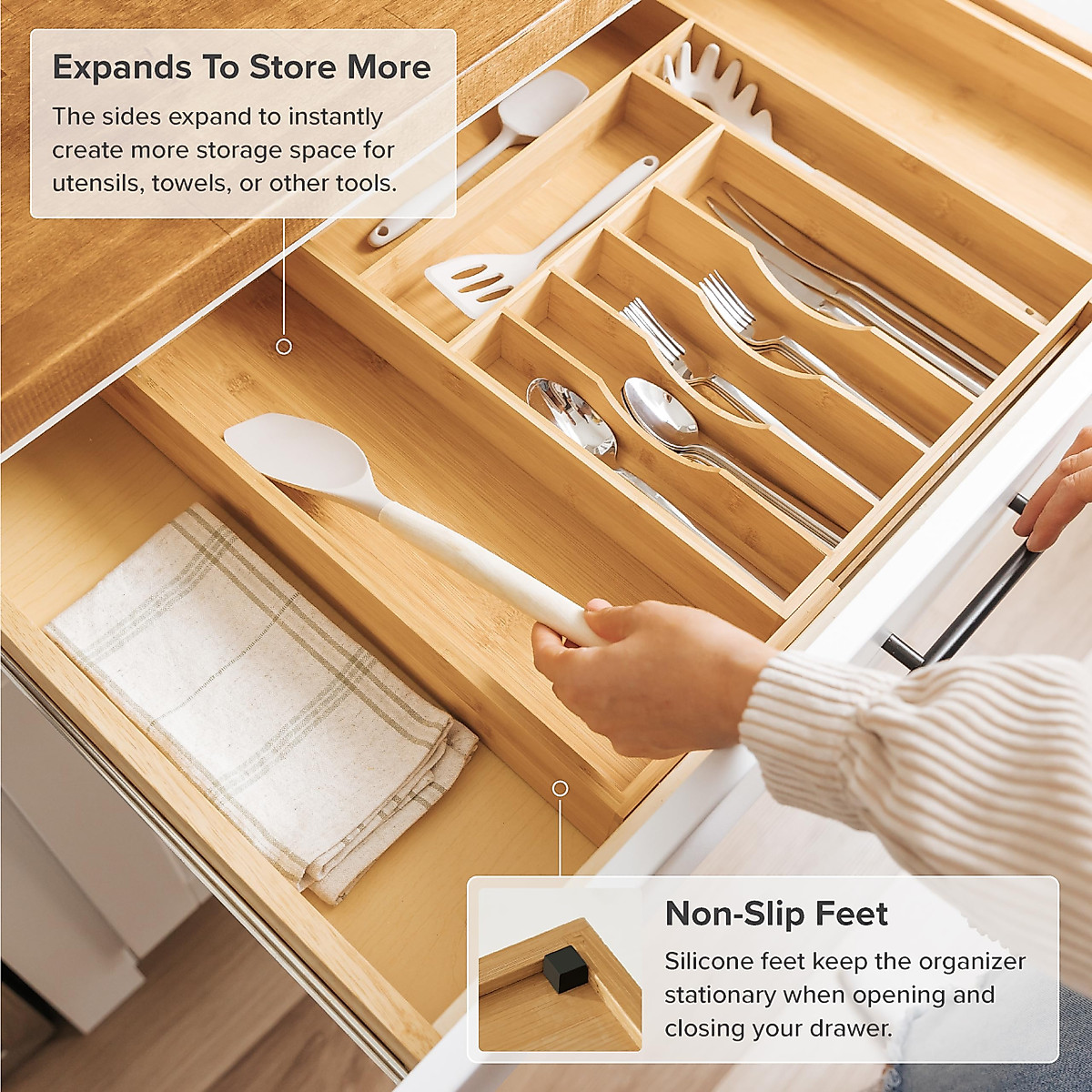 KitchenEdge Premium Silverware, Flatware and Utensil Organizer for Kitchen Drawers, Expandable to 25 Inches Wide, 10 Compartments, 100% Bamboo
