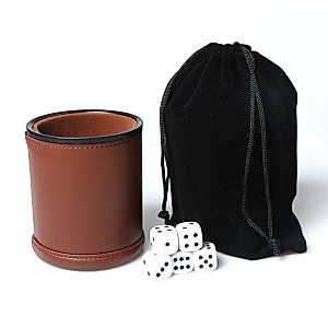RERIVER PU Leather Dice Cup Set Felt Lining Quiet Shaker with 5 Dot Dices for Farkle Yahtzee Games, 2 Pack (Brown)
