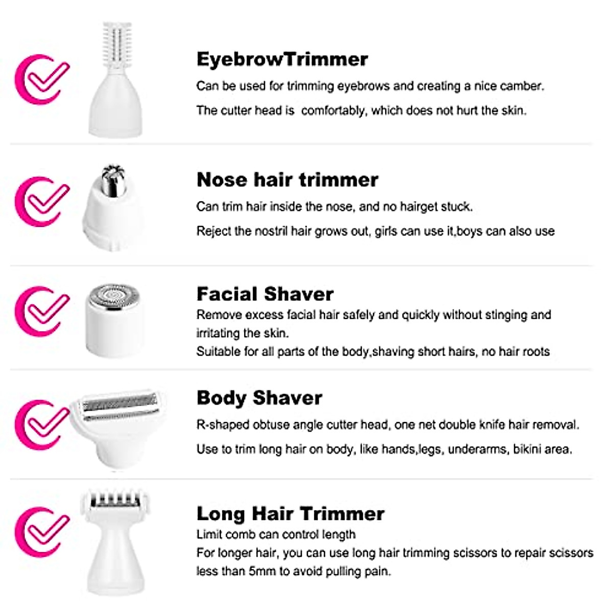 Electric Razor for Women Removal for Body Nose Hair Trimmer Face Shavers Eyebrow Legs Armpit Bikini Area Pubic Underarms Painless Rechargeable Portable 5 in 1 Womens Razors Set