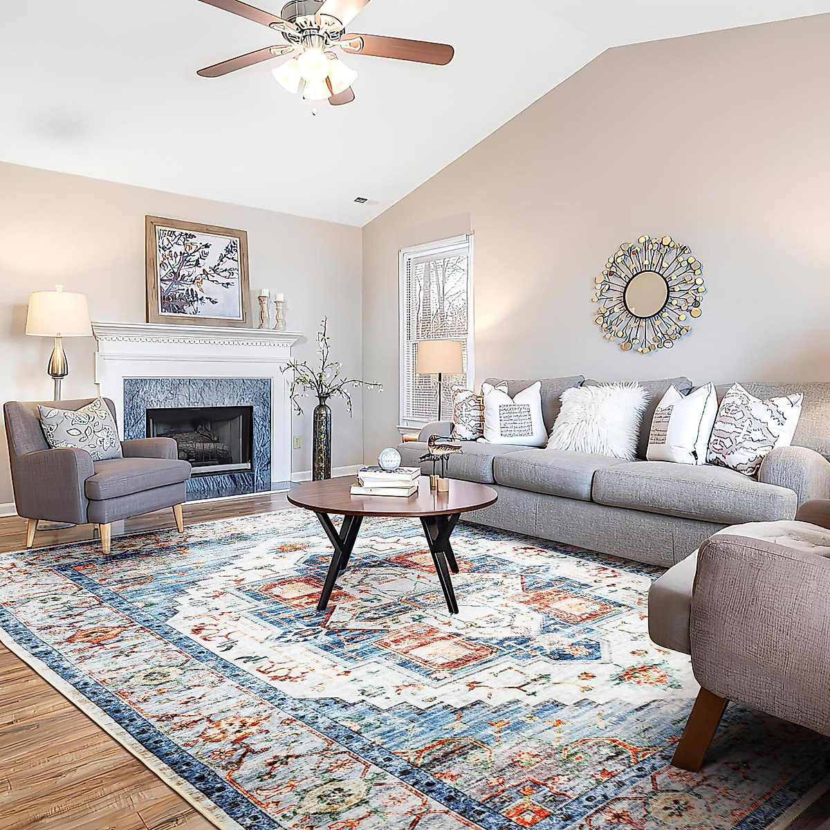 Washable Area Rugs 8x10 Large 8x10 Area Rugs Non Slip Rug Low Pile Area Rug Distressed Printed Carpet Soft Area Rug for Living Room Dinning Room Bedroom Playroom Indoor-Blue