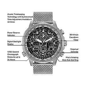 Citizen Men's Promaster Navihawk A-T Eco-Drive Pilot Watch, Atomic Timekeeping, Chronograph, Power Reserve Indicator, Luminous Hands and Markers, Anti-Reflective Crystal, Stainless (Model: JY8030-83E)