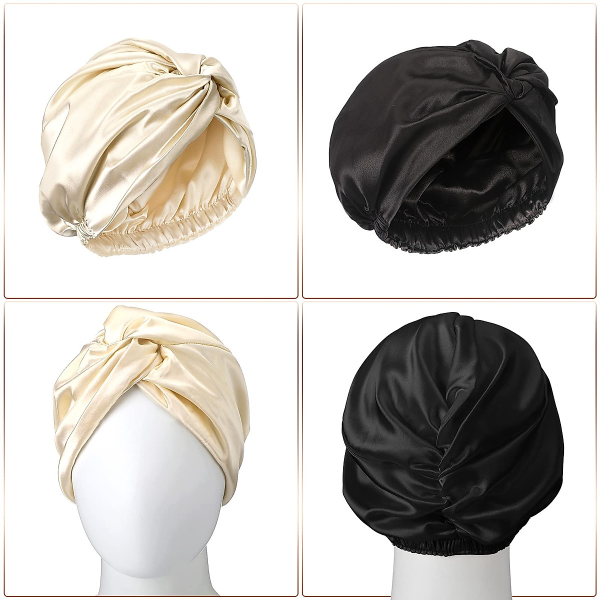 Geyoga 6 Pcs Reusable Large Silk Bonnet Hair Wrap for Sleeping, Natural Silk Scrunchy, Soft Scrunchies, Silk Ponytail Holder for Women's Hair Care (Black, Beige)