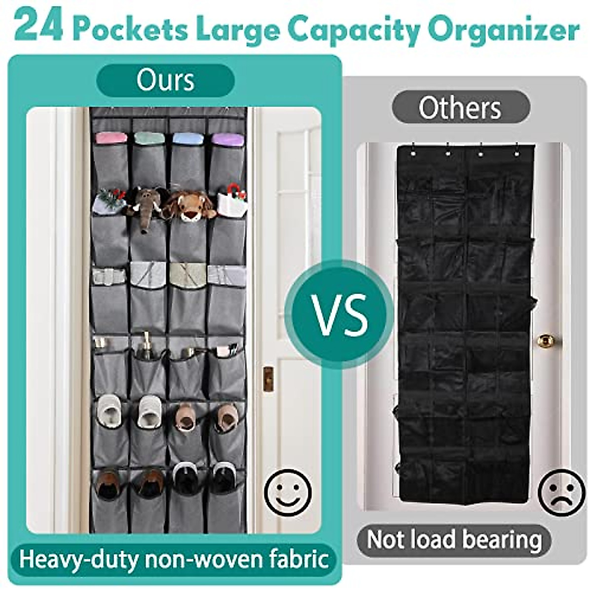 Shappy 3 Pack Over the Door Shoe Organizer Rack with 24 Large Fabric Pockets 12 Metal Hooks for Hanging Closet Holder Storage Men Women
