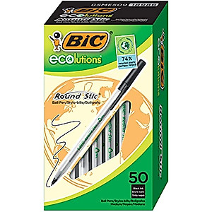 BIC Ecolutions Round Stic Ballpoint Pens, Medium Point (1.0mm), 50-Count Pack, Black Ink Pens Made from 97% Recycled Plastic