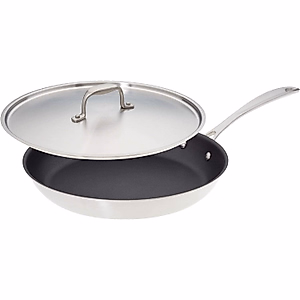 American Kitchen - 12 inch Premium Nonstick Skillet & Frying Pan, Stainless Steel, Durable Coating, PFOA-Free, with Cover, Made In America