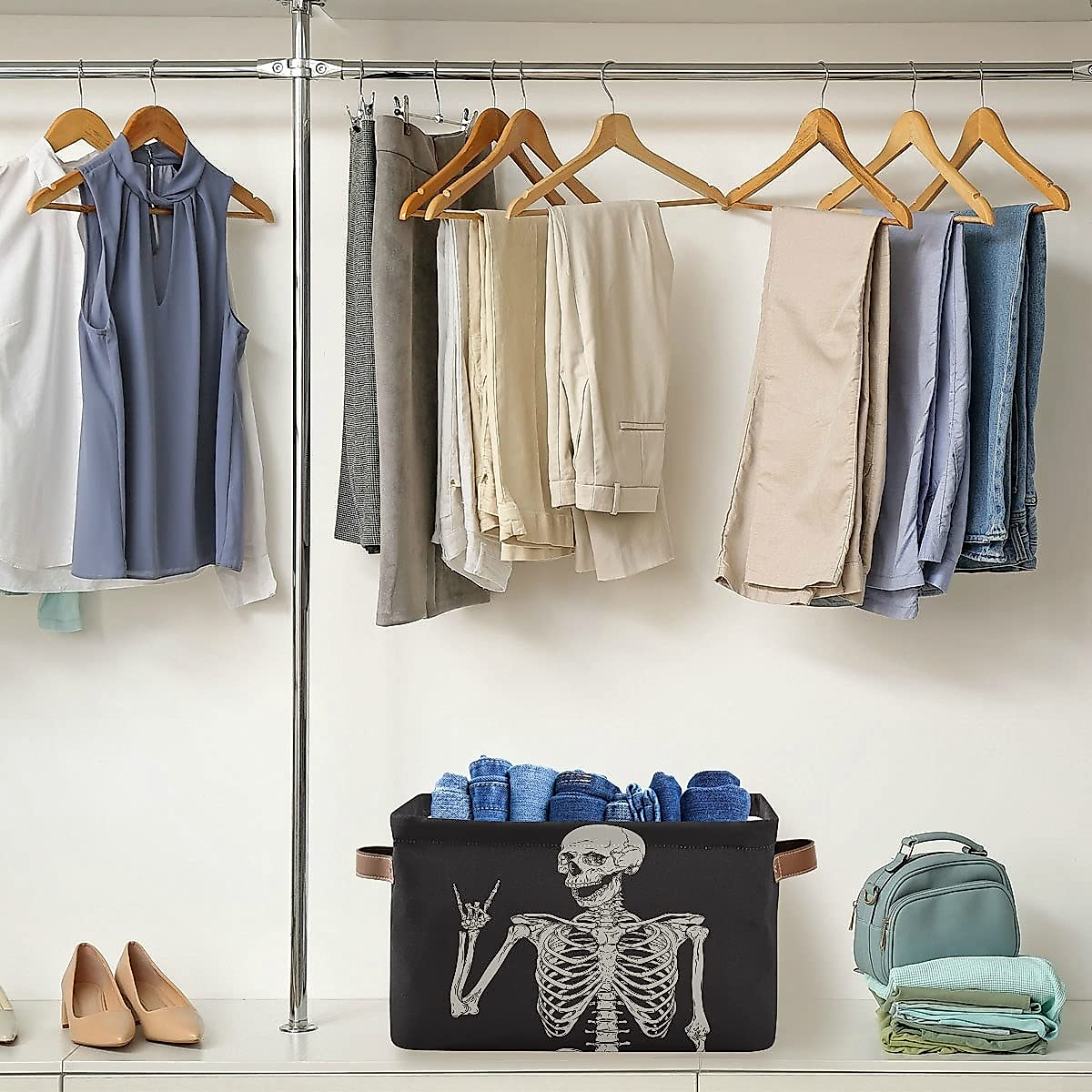 AUUXVA Human Skeleton Skull Storage Bins Basket, Day of The Dead Halloween Collapsible Storage Cube Rectangle Storage Box with Handles for Shelf Closet Nursery Bedroom Home Office 1 Pack