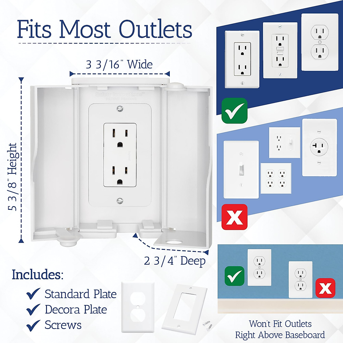 Safety Innovations Twin Door Baby Safety Outlet Cover Box for Babyproofing Outlets - More Interior Space for Extra Large Electrical Plugs and Adapters - Easy to Install - Easy to Use, (2-Pack)