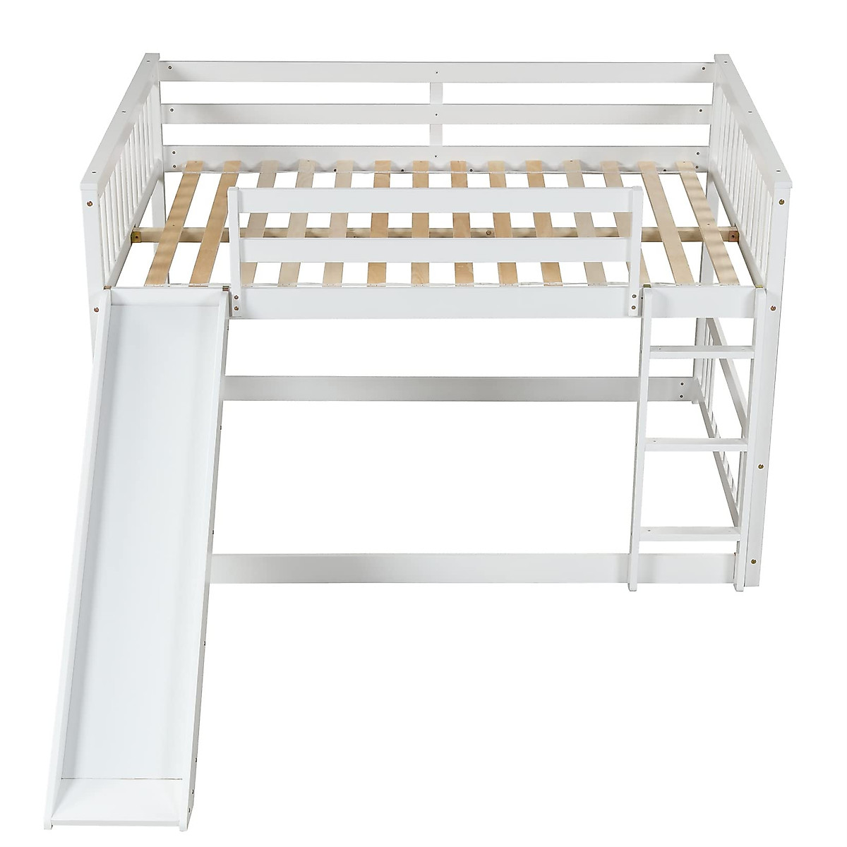 Bellemave Full Over Full Low Bunk Bed with Slide Wood Floor Bunk Beds with Ladder for Kids Boys Girls Teens, White