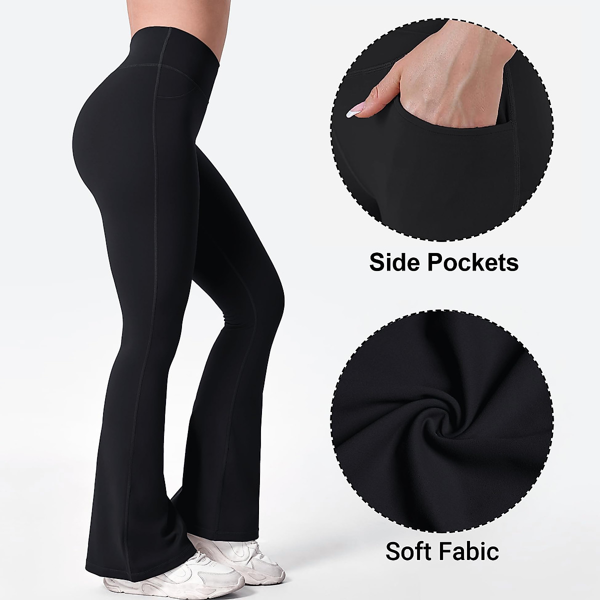 BOOVET Women's Flare Yoga Pants with Pockets Crossover High Waisted Bootcut Flare Yoga Leggings Tummy Control Workout Pants Black