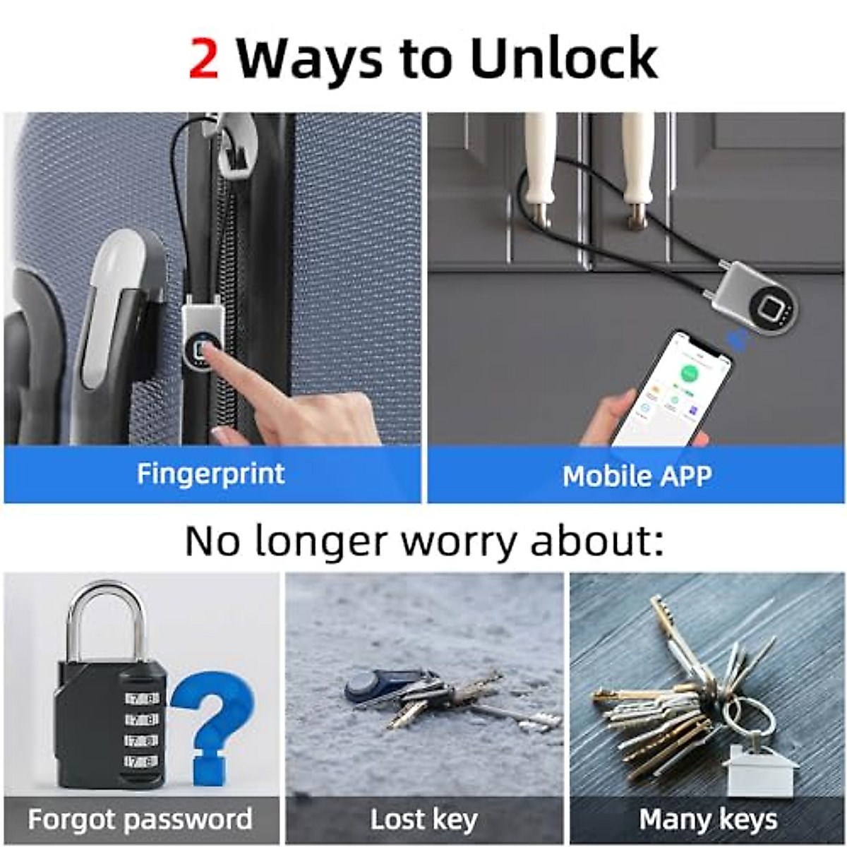 eLinkSmart Fingerprint Cable Lock, 6" Long Shackle Small Keyless Biometric Waterproof Bluetooth Smart Padlock for Gate Outdoor Fence Fridge Cabinet Locker Gun Pool Yard Pantry Helmet Travel - Silver