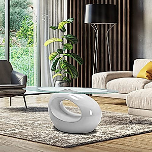 Modern White Glass Coffee Table for Living Room, with Glass Top & Glossy Solid Base for Storage, Sofa Side Central Table, Oval Glass Table Set for Living Room, Sitting Room