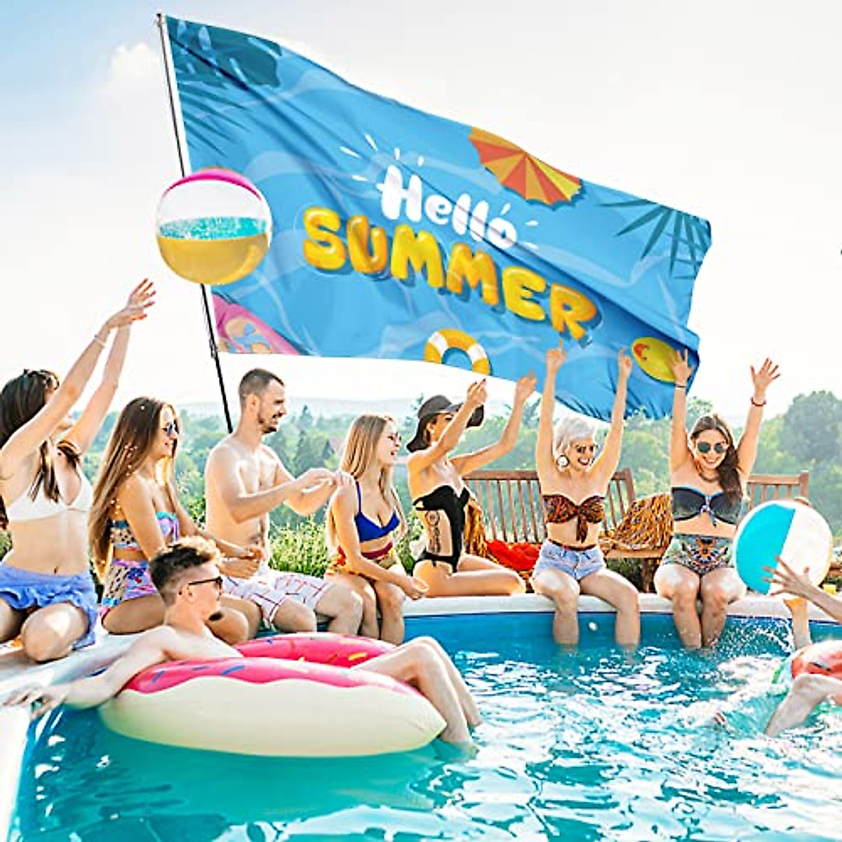 Hello Summer Flag 3x5 Ft Banner Swimming Pool Decorations Double Sided Printed Backdrop Yard Sign Tropical Party Supplies Holiday Hawaiian Duck Swim Ring Funny Poster Wall Decor with Brass Grommets for Outdoor Indoor Garden Room Door Kids House Home