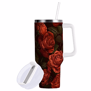ALAZA Dark Red Rose Flowers 40 oz Tumbler Stainless Steel Water Bottle Vacuum Insulated Cup with Straw Lid & Handle For Travel Car Cup Holder