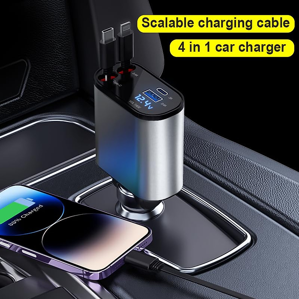Retractable Car Charger, 4 in 1 USB C Car Charger 60W,Retractable Cables (2.6Ft) and 2 USB Ports Car Charger Adapter, Compatible with iPhone 15/14/13/12/11 Pro Max, Galaxy S23/ S22/S10,Google Pixel