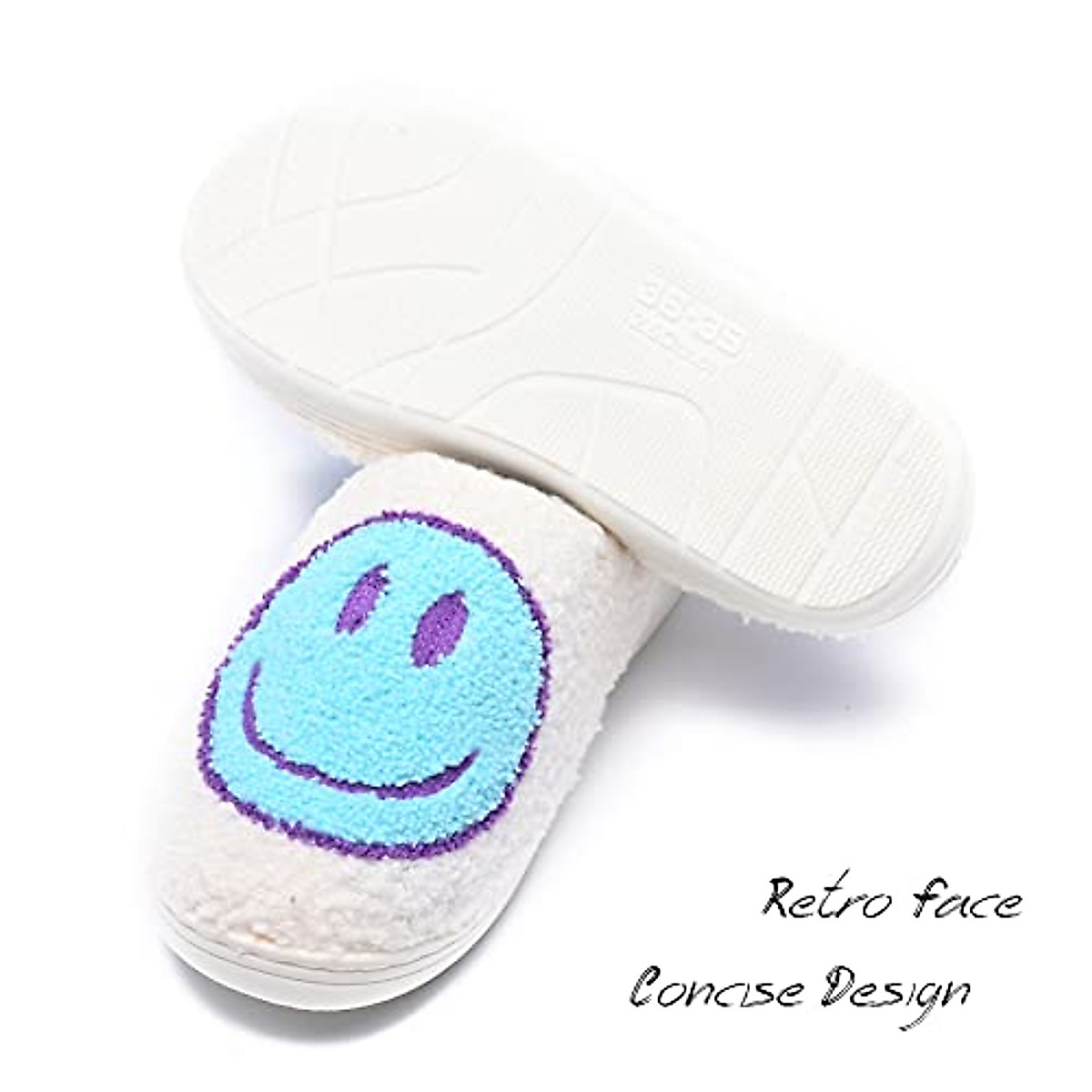 AIMINUO Women's Men's Retro Preppy Happy Face Slippers Comfy Warm Plush Slip-On House Slipper for Winter Indoor Soft Cushion Non-slip Fluffy Slides Slippers White-Cyan 6.5-7.5 Women/6-7 Men