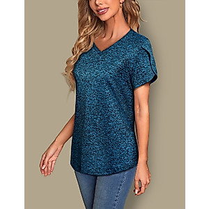 MISS FORTUNE Womens V-Neck Short Sleeve Activewear T-Shirt Petal Sleeve Casual Athletic Moisture Wicking Fitness Tops Blue 3XL