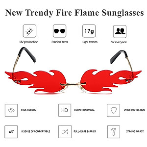 LASPOR Fire Flame Sunglasses for Women Men Retro Wave Rimless Glasses Vintage Fire Shape Gold Metal Frameless Eyewear (Red No.2)