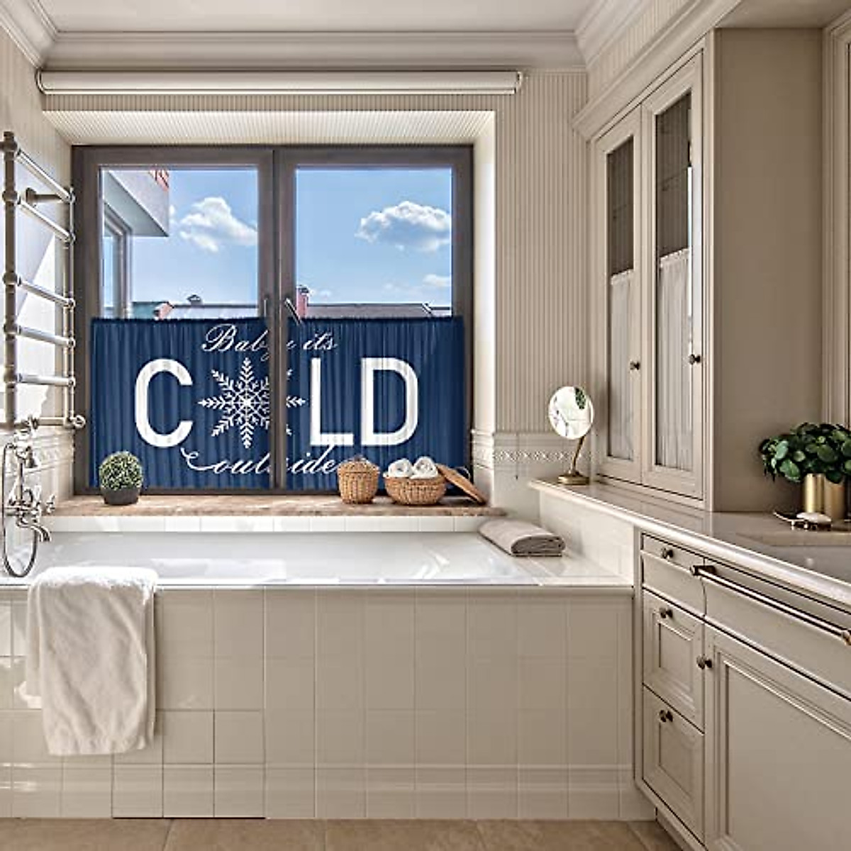 AmbeHome Semi Sheer Curtain Rod Pocket Kitchen Curtains, Christmas Sheer Window Curtains 54 Inch Length 2 Panels Set, Voile Window Drapes for Bedroom Living Room Cold Winter Snowflakes Blue Backdrop