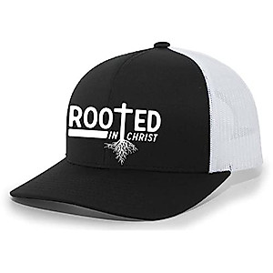 Christian Rooted in Christ Cross Mens Embroidered Mesh Back Trucker Hat, Black/White