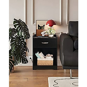 WEENFON Nightstands, Black Nightstand with Charging Station,Bedside Tables, End Table with Drawer, Open Space,Metal Handles, Large Storage,WFET16HN