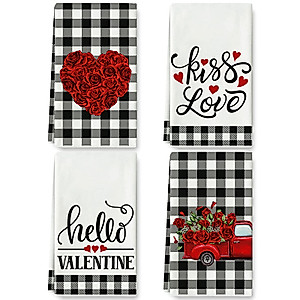 AnyDesign Valentine's Day Kitchen Towel Truck Rose Flower Dish Towel 18 x 28 Inch White Black Buffalo Plaids Hand Drying Towel Tea Towel for Wedding Anniversary Cooking Baking, Set of 4