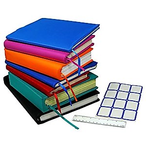 Stretchable Jumbo Book Covers 7 Pack Individual Colors Book Suits® fits Hardcover Textbooks up to 9.5" X 14" Durable Washable Reusable Extras Labels and Ruler