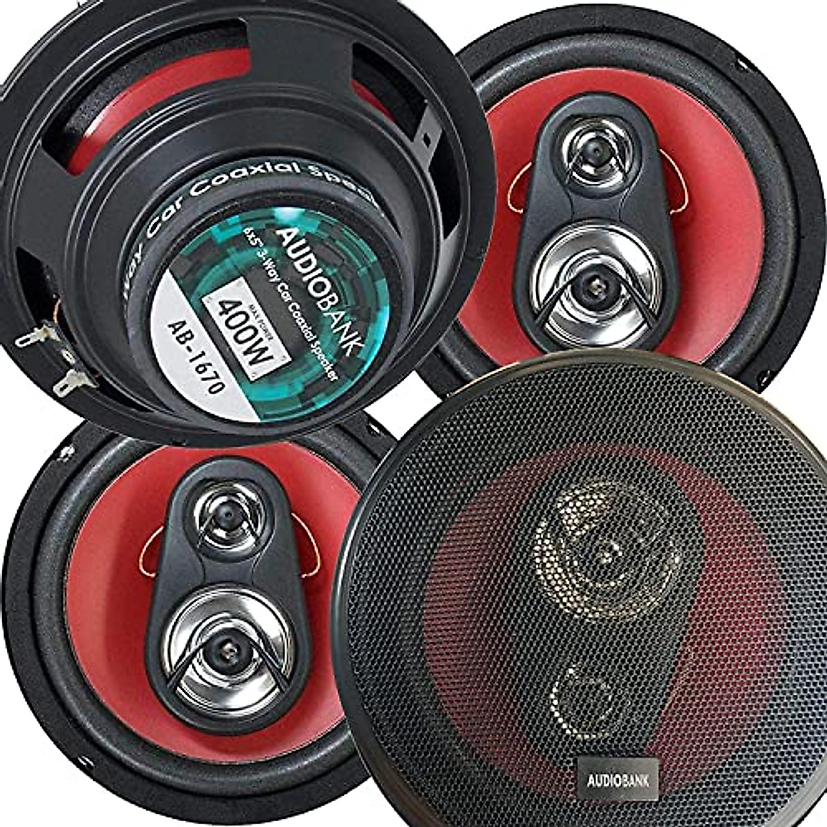 Audiobank 4X 6.5-Inch 800 Watts Peak Power Handling Total 3-Way Red Car Audio Stereo Coaxial Speakers Rubber Coated Cloth Speaker Surround Sensitivity -90dB -AB1670