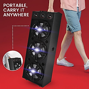 3x12” Portable Bluetooth PA Karaoke Speaker System, 2200 Watt Karaoke Speaker with LED Lights, USB Micro SD FM BT Aux Remote Control Mic Inputs, with Wheels and Handle Bar
