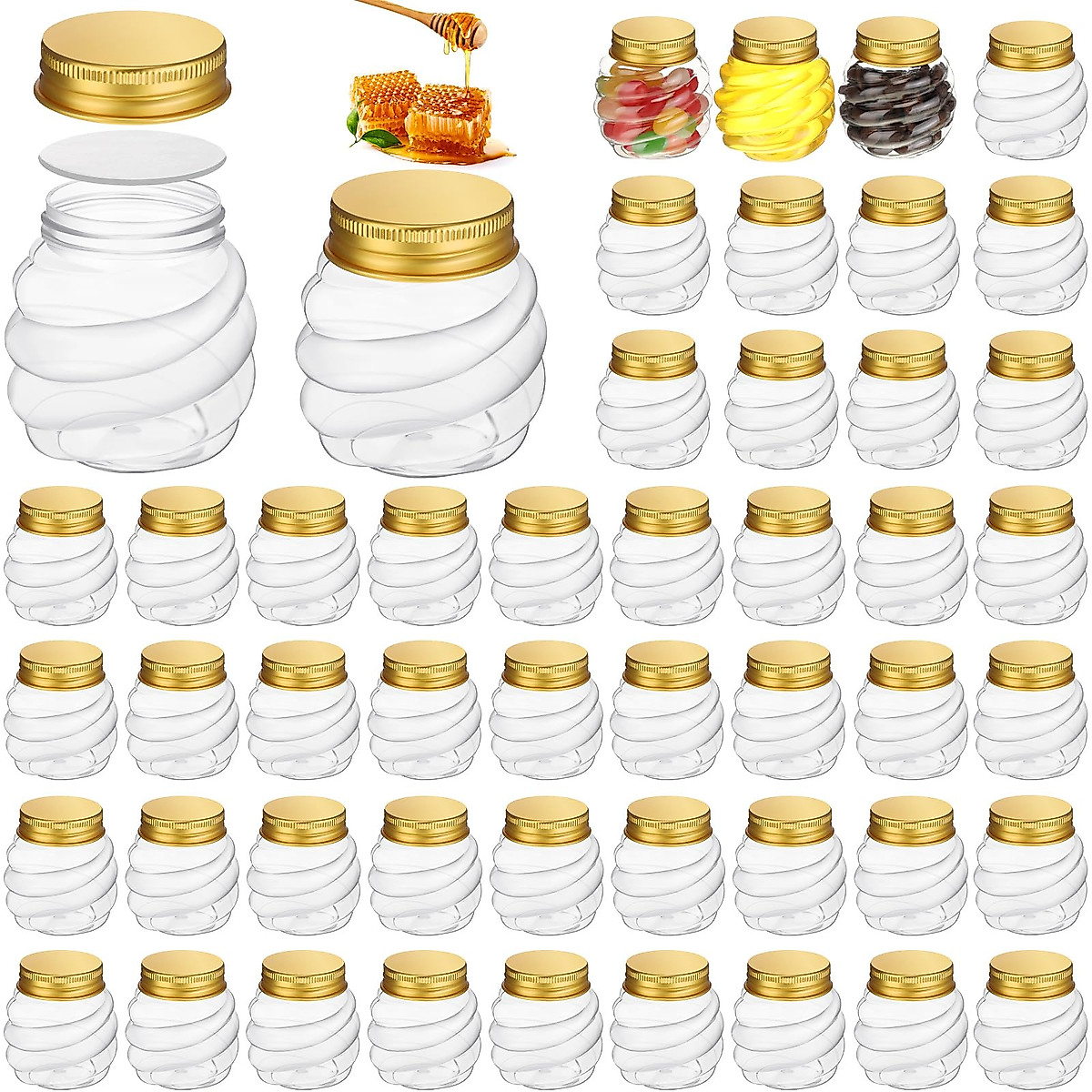 Suclain 50 Pcs 2 oz Honeycomb Plastic Jars with Gold Lids Mini Honey Jars Wide Mouth Canning Jars Small Spice Jars for Party Wedding Favors, Baby Shower DIY Gift Jelly Herb Jams Candy