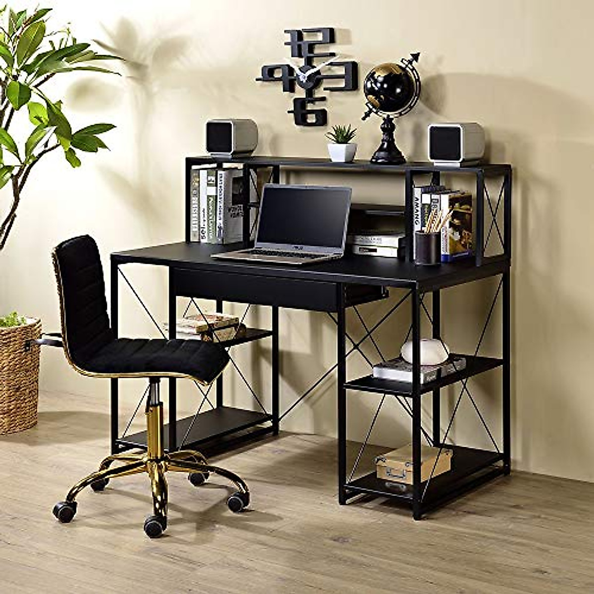 SSLine Computer Desk with Drawer and Hutch Wood&Metal Home Study Writing Table w/Open Shelves Modern Simple PC Laptop Desk Office Workstation - Black /47" L x 24" H x 41" H