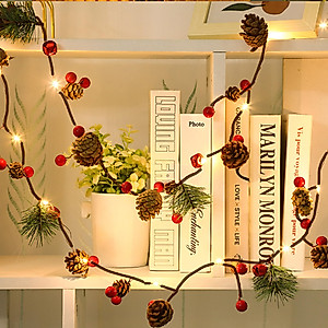 TW SHINE 2 Pack Christmas Pine Cone String Lights, 13 FT 40 LED Total Prelit Battery Operated Garland with Red Berry for Indoor Outdoor Xmas Fireplace Decorations