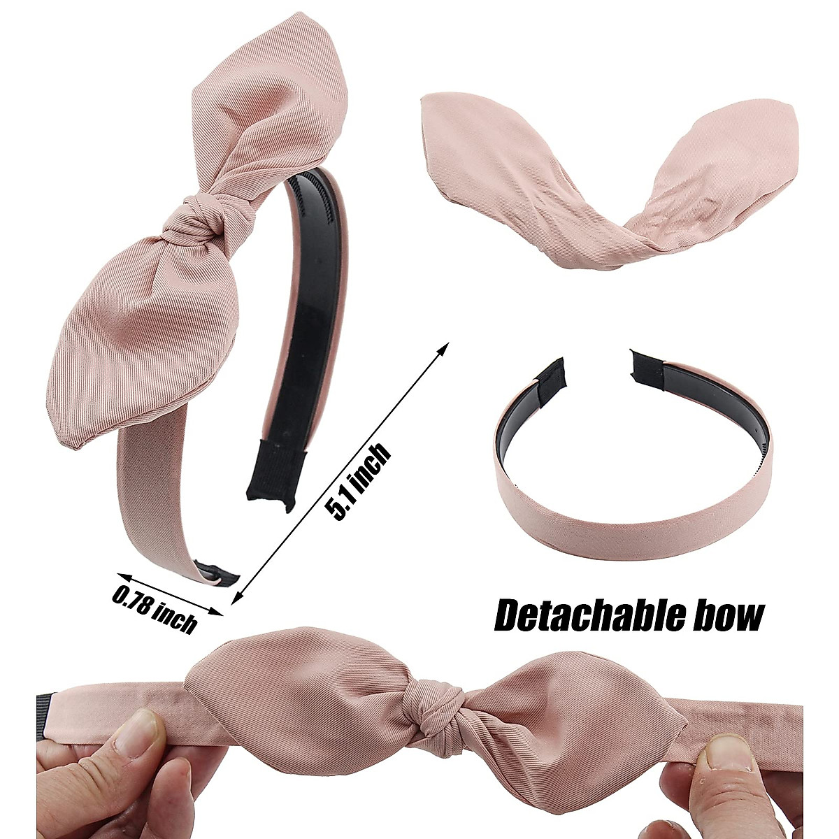 Carede Solid Bow Headbands for Women Twist Knot Headbands Wired Rabbit ears Plastic Headbands with Teeth Elastic Cloth Bowknot Headwrap Hair Accessory,Pack of 6