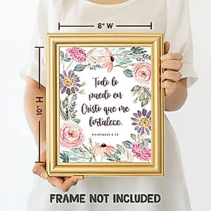 Filipenses 4:13 Wall Art En Espanol - Todo Lo Puedo En Cristo Que Me Fortalece - Floral Christian Decor In Spanish - 8x10 - Unframed