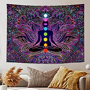 VEEMONIK Blacklight Chakras Tapestry, Spiritual Tapestry Yoga Meditation Hippie Tapestries Wall Hanging, Buddha UV Reactive Tapestry for Bedroom Aesthetic - 51x59 inches