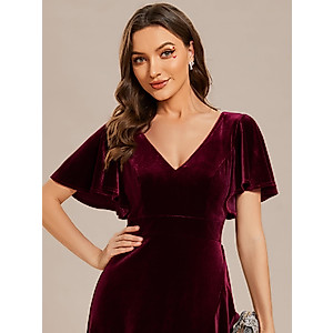 Ever-Pretty Women's Velvet Dress Wrap V Neck High Waist Ruffle Sleeve Church Wedding Guest Party Dresses Burgundy US14