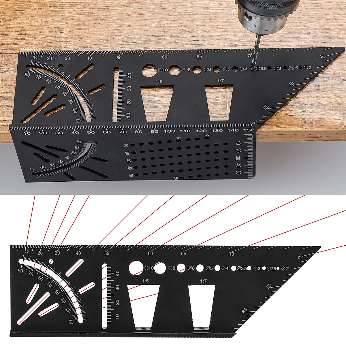 Woodworking Carpenter Square Rule,Baowox 3D Aluminum Alloy Angle Measuring Tool, Multifunction Angle Finder Woodworking Tools or Engineers Carpenters (Black)