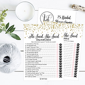 Hadley Designs 25 Gold Wedding Bridal Shower Engagement Bachelorette Anniversary Party Game Ideas, He Said She Said Cards, Funny Co Ed Trivia Rehearsal Dinner Guessing Question Fun Supplies Kit