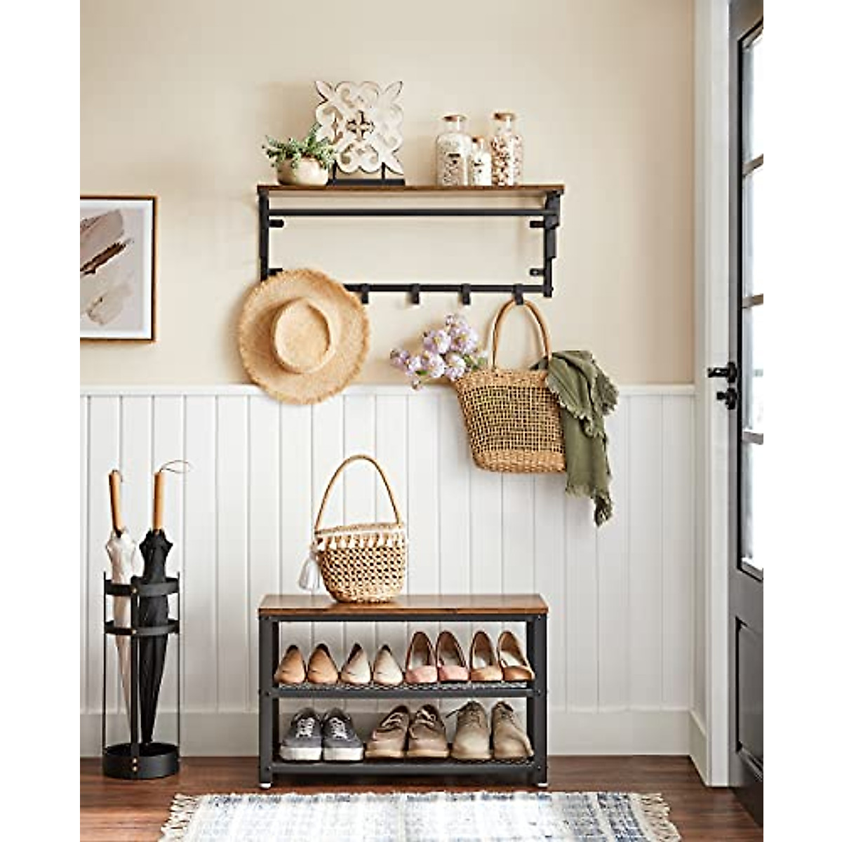 VASAGLE Shoe Bench, 3-Tier Shoe Rack 28.7” Long, Shoe Shelf Storage Bench with Metal Mesh Shelves and Seat, Wood Free Standing Shoe Organizer for Entryway, Indoor, Living Room, Rustic Brown and Black