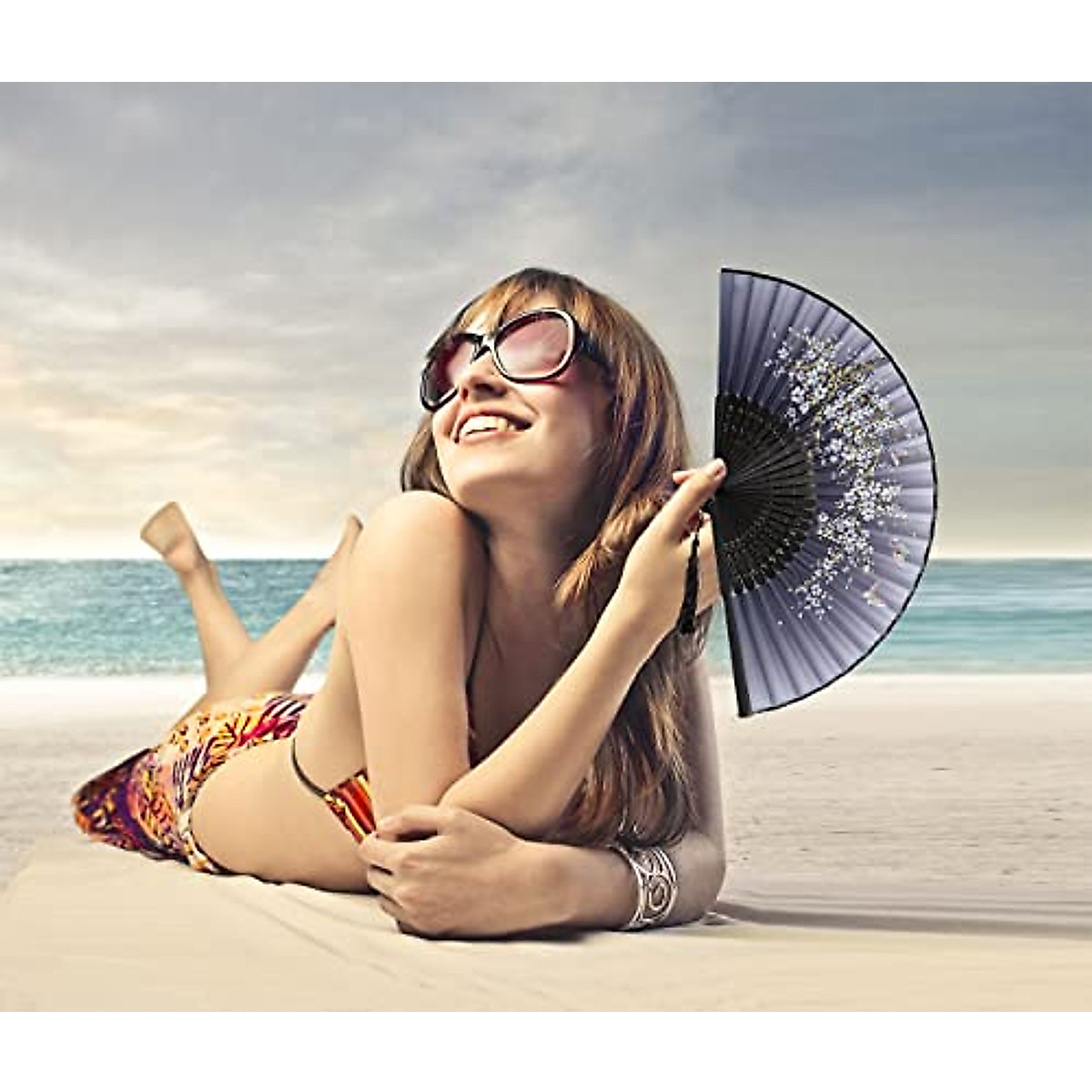 Amajiji Small Folding Hand Fans, Stay Cool and Stylish with Bamboo Handheld Silk Fans - Perfect for Hot Flashes, Music Festivals, Parties, Performances, and Gifts (Double Black Sakura)