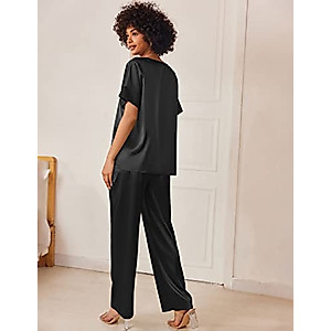 Ekouaer Silk Pj set for Women Satin Short Sleeve Pajamas Long Pant Soft Sleepwear Silky Pocktes Loungewear Black
