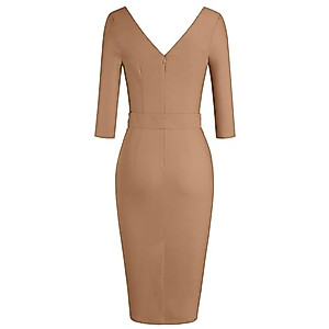 MUXXN Ladies Retro Cut Out Neck Elbow Sleeves Graduation Party Pencil Dress (Camel L)