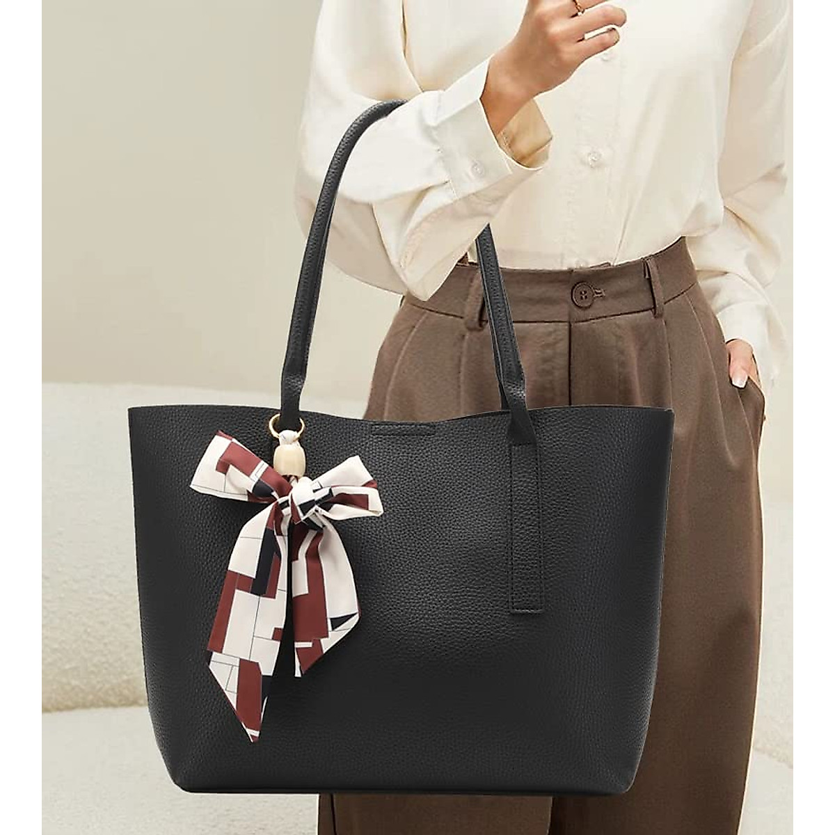 Soft Pebbled Faux Leather Tote Shoulder Bag with Bowknot Large Capacity Satchel Handbag Purse