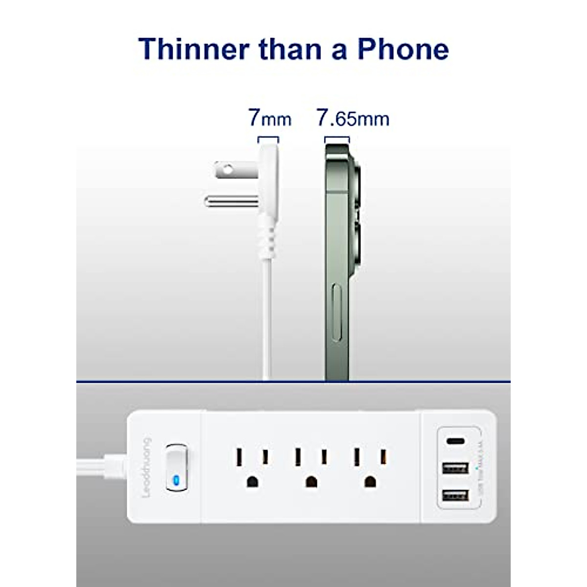 Leadchuang 1875W Power Strip Ultra-Flat Plug Extension Cord with USB C Ports, Surge Protector with 3 USB 3 AC Outlet, Mountable Flat 5 ft with Phone Stand for Kitchen, Home and Office